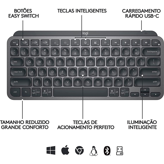 Teclado Sem Fio Logitech MX Keys Mini Bluetooth US Grafite - 920-010505