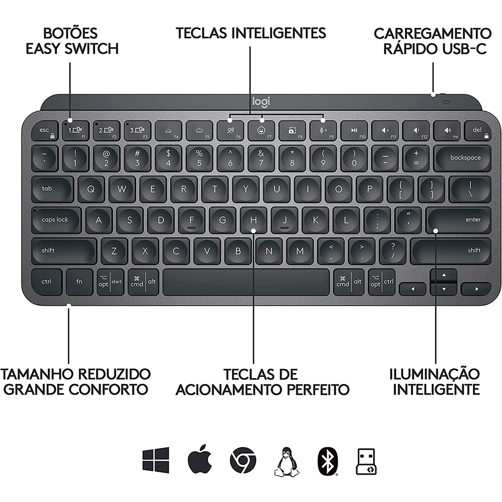 Teclado Sem Fio Logitech MX Keys Mini Bluetooth US Grafite - 920-010505