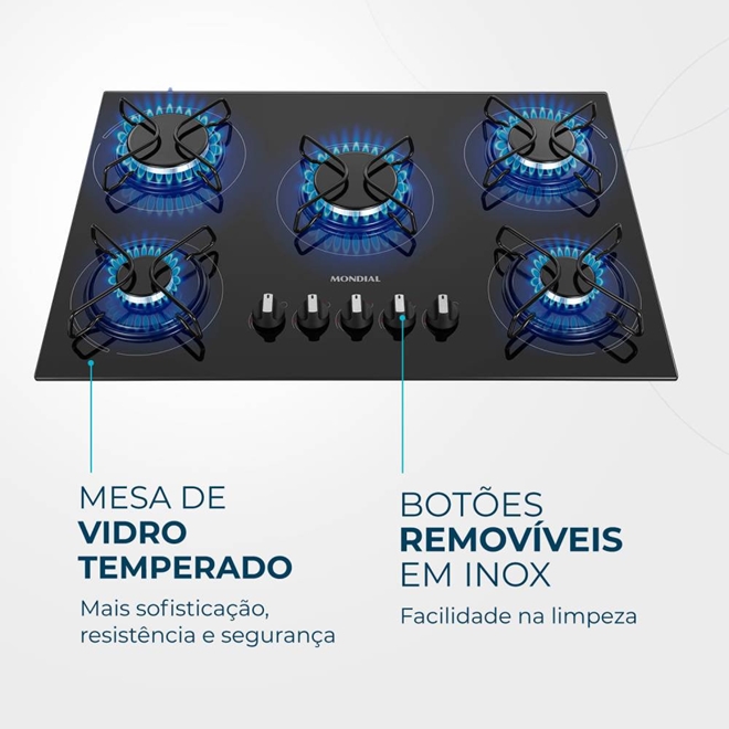 Cooktop 5 Bocas Mondial TC Vidro Temperado Gás Preto Bivolt