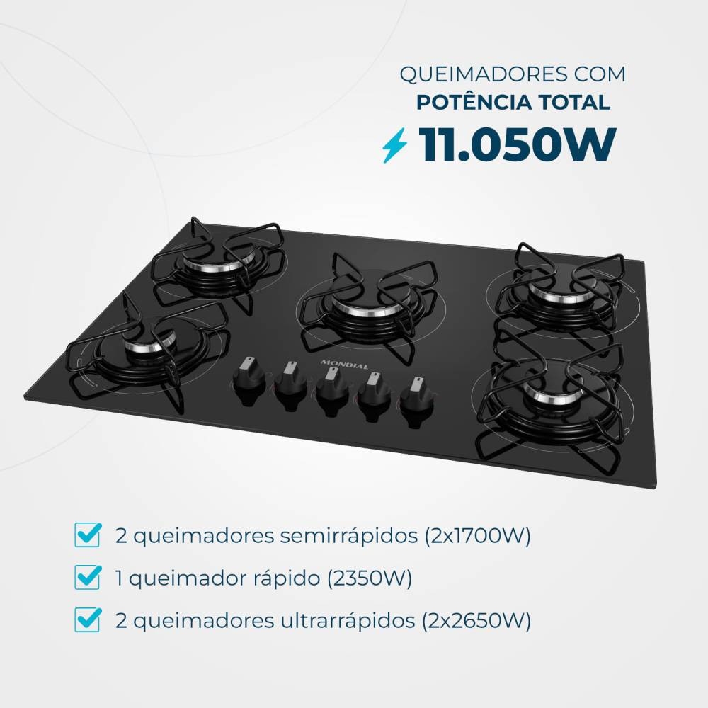 Cooktop 5 Bocas Mondial TC Vidro Temperado Gás Preto Bivolt