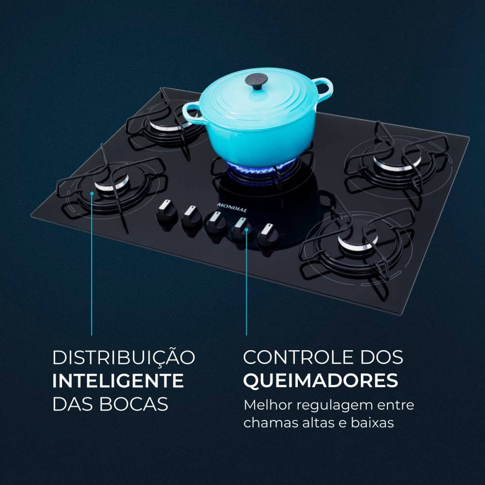 Cooktop 5 Bocas Mondial TC Vidro Temperado Gás Preto Bivolt