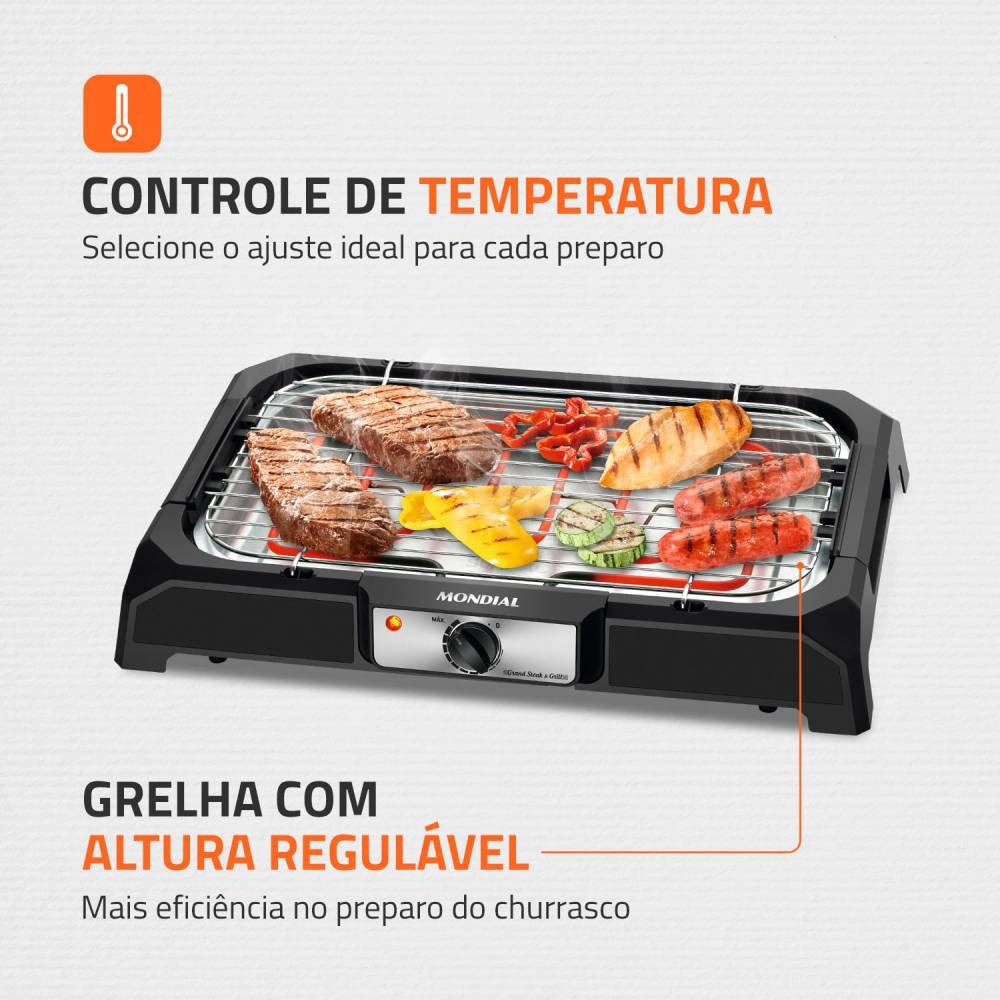 Churrasqueira Elétrica Mondial Grand Steak E Grill II 127V 2000W Preta - CH-06