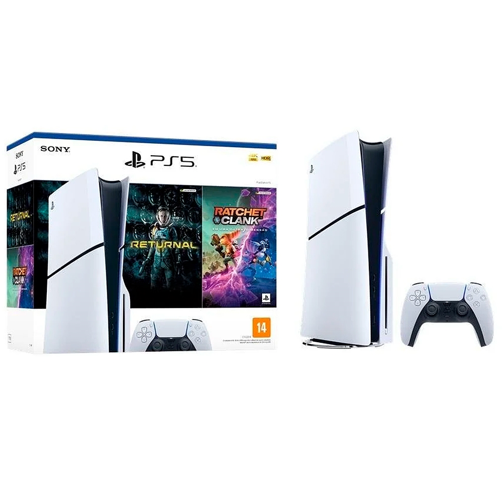 Console PlayStation 5 Slim Edition Branco + Returnal e Ratchet e Clank + Controle Sem Fio ...