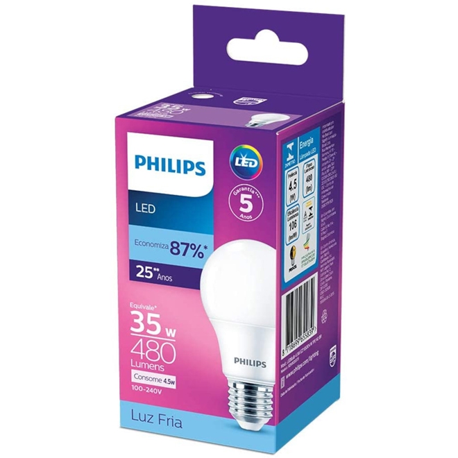 Lâmpada Led Philips 4.5W bivolt luz branca fria 6500K base E27