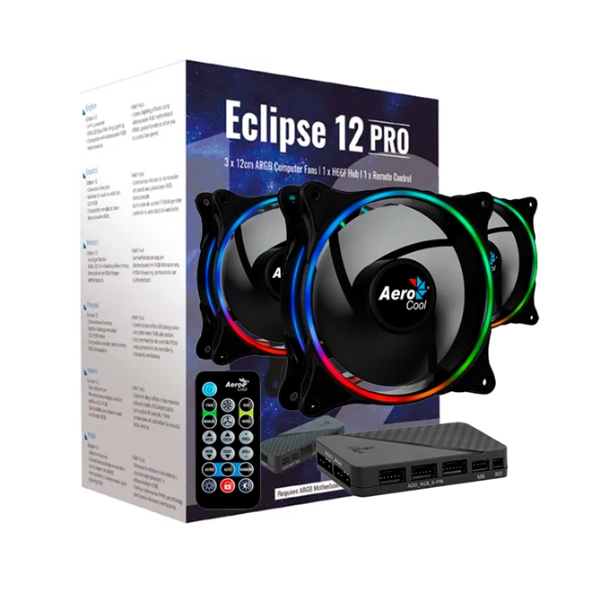 Kit com 3 Fans Aerocool Eclipse 12 ARGB + HUB + Controle - 73867